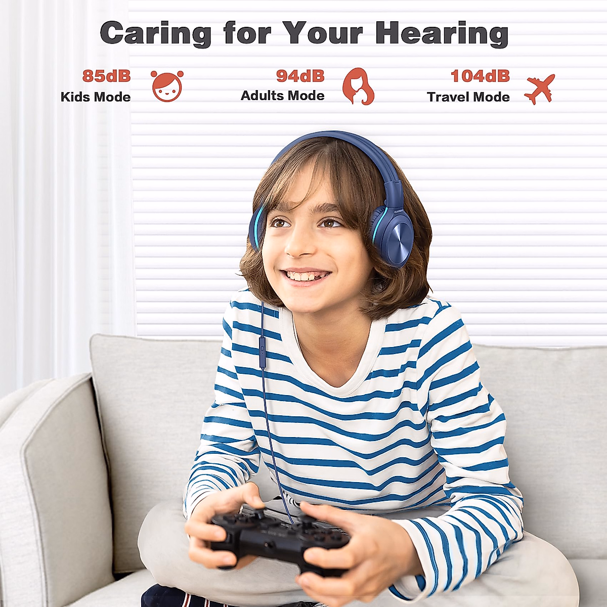 SIMOLIO Wired Kids Headphones for School with Microphone, Volume Limiting & Noise Cancelling PC Headset with Cord, Plug in Headphones for Tablet, Headphones with Cord for Laptop (Navy Blue)