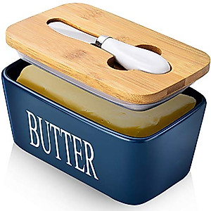 AISBUGUR Large Butter Dish with Lid Ceramics Butter Keeper Container with Knife and High- quality Silicone Sealing Butter Dishes with Covers Good Kitchen Gift Blue