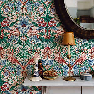 JiffDiff Vintage Wallpaper Peel and Stick Watercolor Floral Botanical Morris Wallpaper Strawberry Thief Easy Peel Off Wallpaper for Bedroom Mural Wall Decor Self-Adhesive 17.7in x 9.8ft