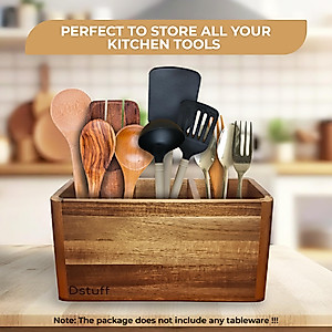 Dstuff Large Kitchen Utensil Holder Organizer for Counter or Countertop, Large Wooden Utensil Holder for Storage Cooking and Silverware with 3 Compartment, Acacia Rustic Wood Container Extra Large
