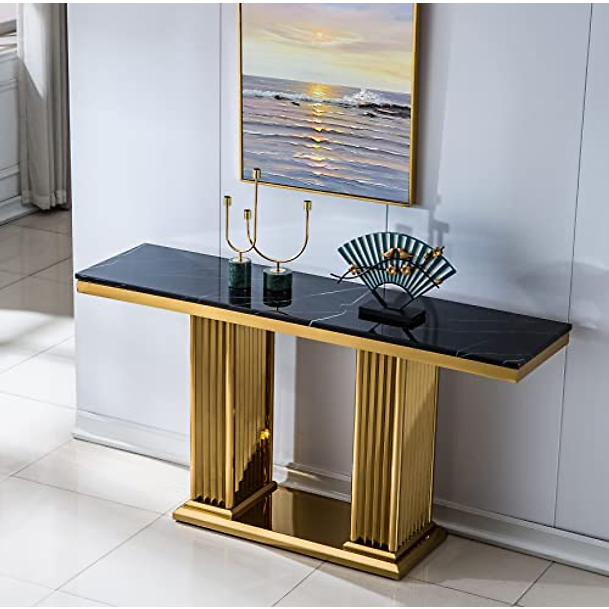 SSLine Real Marble Console Table,Modern Rectangular Luxury Marble Entryway Sofa Table Accent Table with 0.71" Thick Marble Top and Golden Double Pedestal Pillar Stainless Steel Base for Hallway