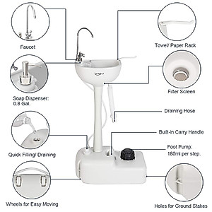 VINGLI Upgraded Portable Sink| Rolling Hand Wash Basin Stand with Towel Holder & Soap Dispenser & Wheels, Perfect for Garden/Camping/Outdoor Events/Gatherings/Worksite/RV/Indoor