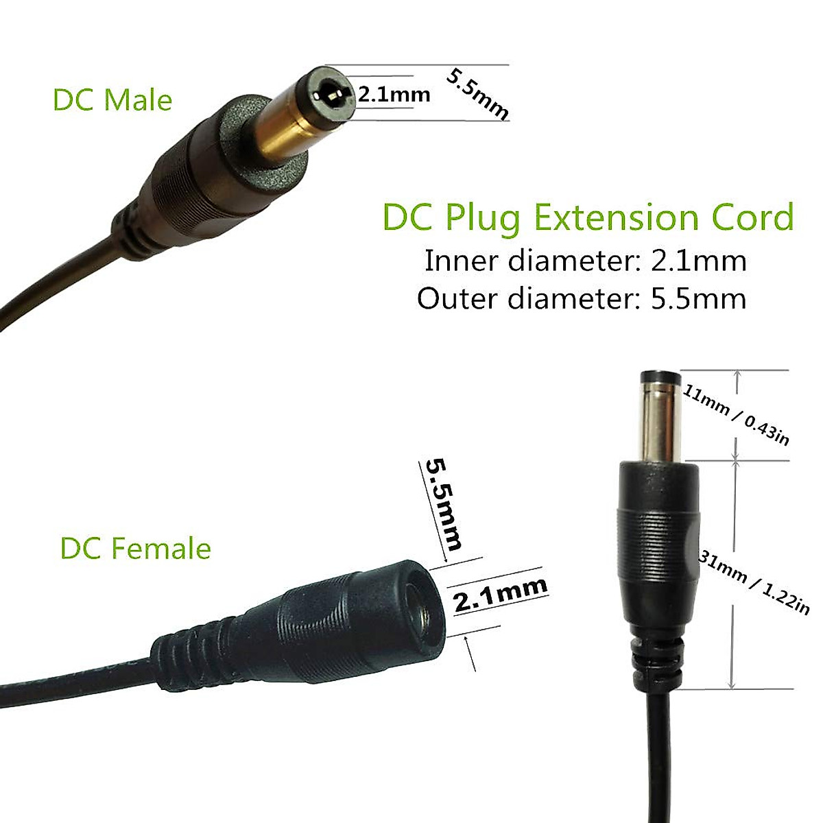 DZYDZR 5pcs 1 Meter 2.1mm x 5.5mm DC 12V Adapter Cable DC Plug Extension Cable Male to Female Black, for LED, CCTV, Car, Monitors, and More (3.3ft)