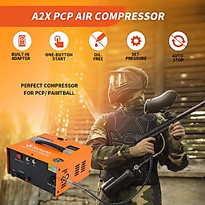 TOAUTO A2X Upgraded PCP Air Compressor, One Button Start, Auto-Stop, Portable 4500Psi/30Mpa, Oil/Water-Free, HPA Compressor for Paintball/PCP Air Rifle/Scuba Tank,Powered by Home 110VAC or Car 12VDC