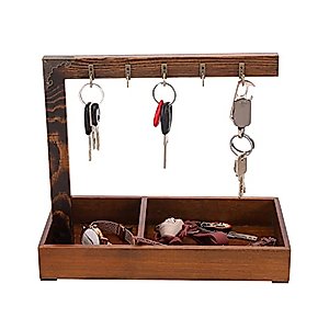 Entryway Hanging Key Holder with 5 Hooks for Desk Tabletop,Solid Wood Jewelry Storage Tray,Home Decorative Key Rack Organizer,L11.8''*W5.9''*H9.8’’, Black Walnut