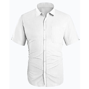 Pengfei Men's Short Sleeve Shirt Linen Cotton Button Down Tees Spread Collar Plain, White, Large