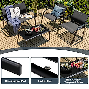 Tangkula 4 Pieces Patio Furniture Set, Outdoor Conversation Set with Tempered Glass Coffee Table, Outdoor Bistro Set with Fabric and Anti-Rust Steel Frame for Garden, Poolside and Backyard (Black)