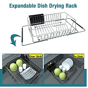 DOLRIS Dish Drying Rack, Dish Drainer for Kitchen Counter, SUS304 Stainless Steel Dish Rack with Utensil Holder and Dish Drying Mat, Silver