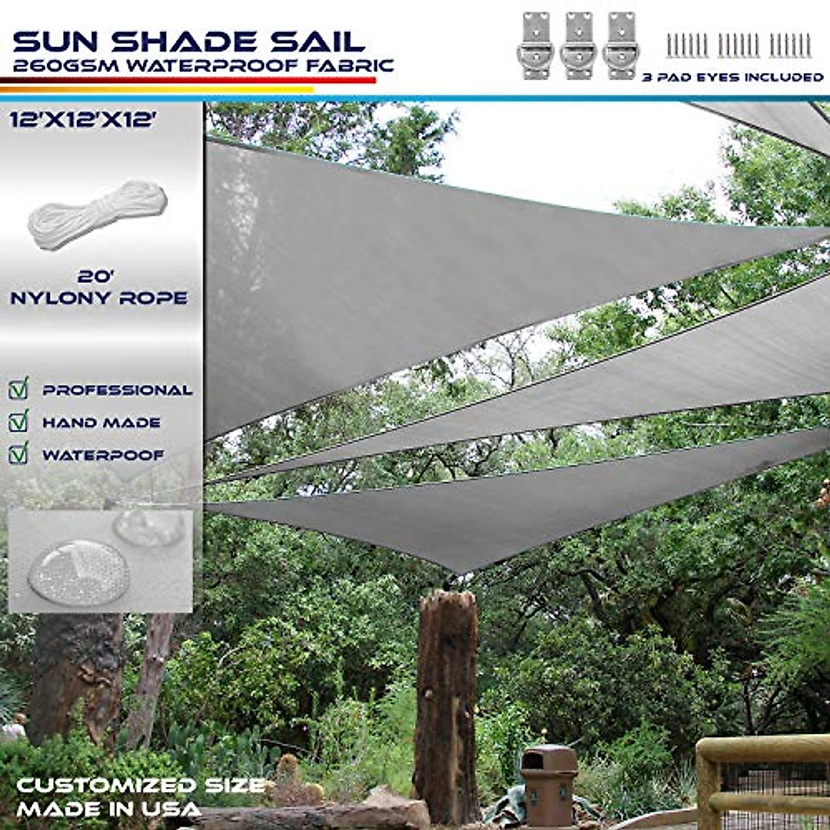 Windscreen4less Terylene Waterproof Sun Shade Sail UV Blocker Triangle Sunshade Patio Canopy Sail 12' x 12' x 12' in Color Light Grey 260GSM