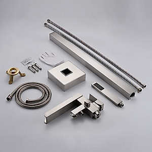 Wowkk Freestanding Bathtub Faucet Waterfall Tub Filler Brushed Nickel Floor Mount Brass Single Handle Bathroom Faucets with Hand Shower