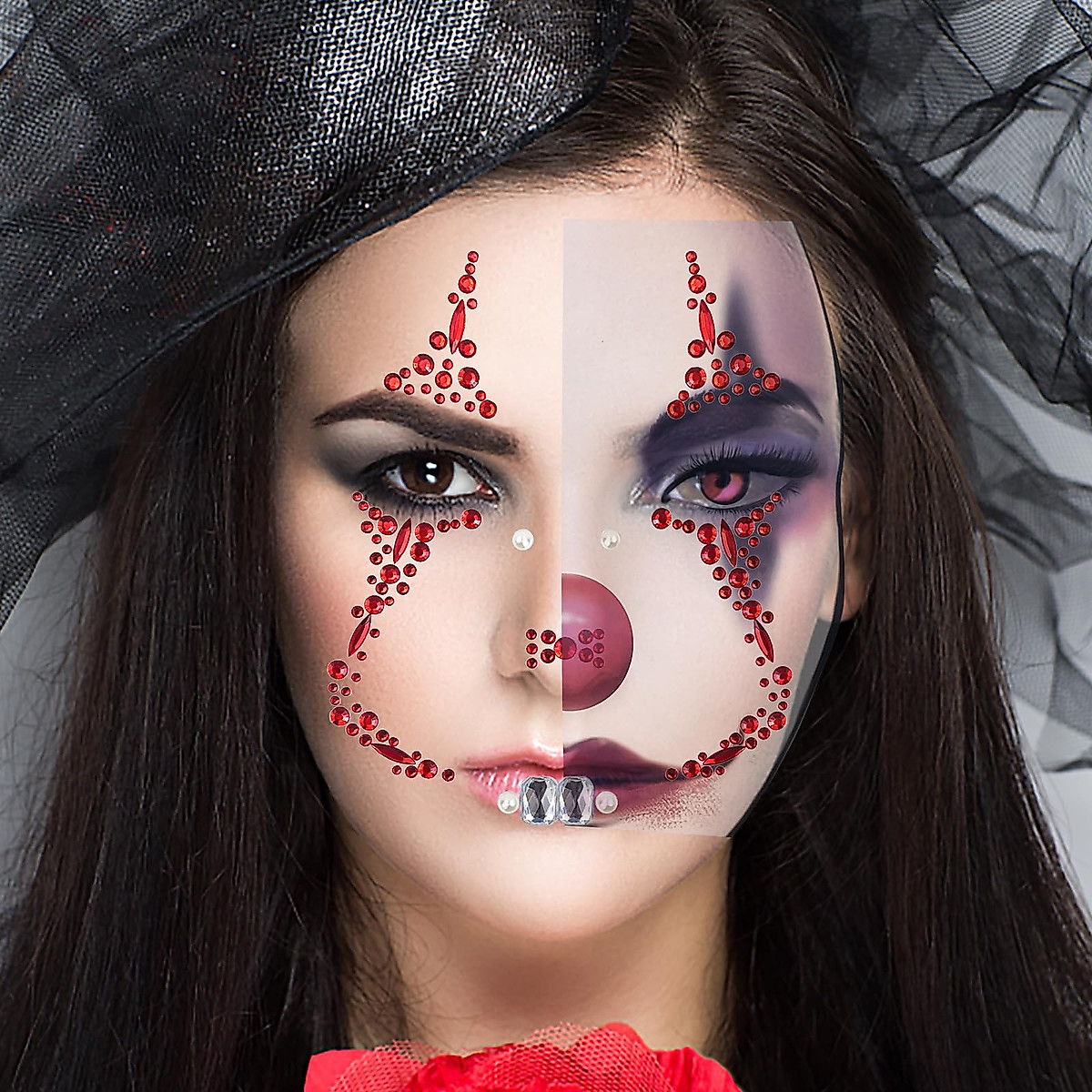 2 Pack Day Of The Dead Skull Temporary Rhinestone Temporary Face Tattoo,Face Stickers Gems Jewels for Halloween Festival Rave Party Outfit