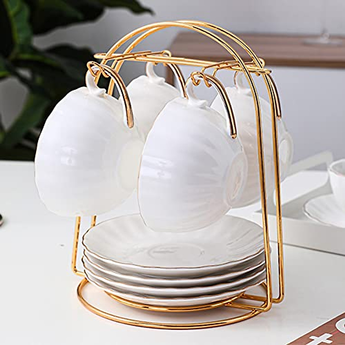 oAutoSjy Coffee Cup Holder, Coffee Mug Holder Stand, Wrought Iron Coffee Cup Rack 4 Hooks, Desktop Gold Water Cup Saucer Drain Hanger Rack, Household Kitchen Storage Drying Rack for Counter Cabinet