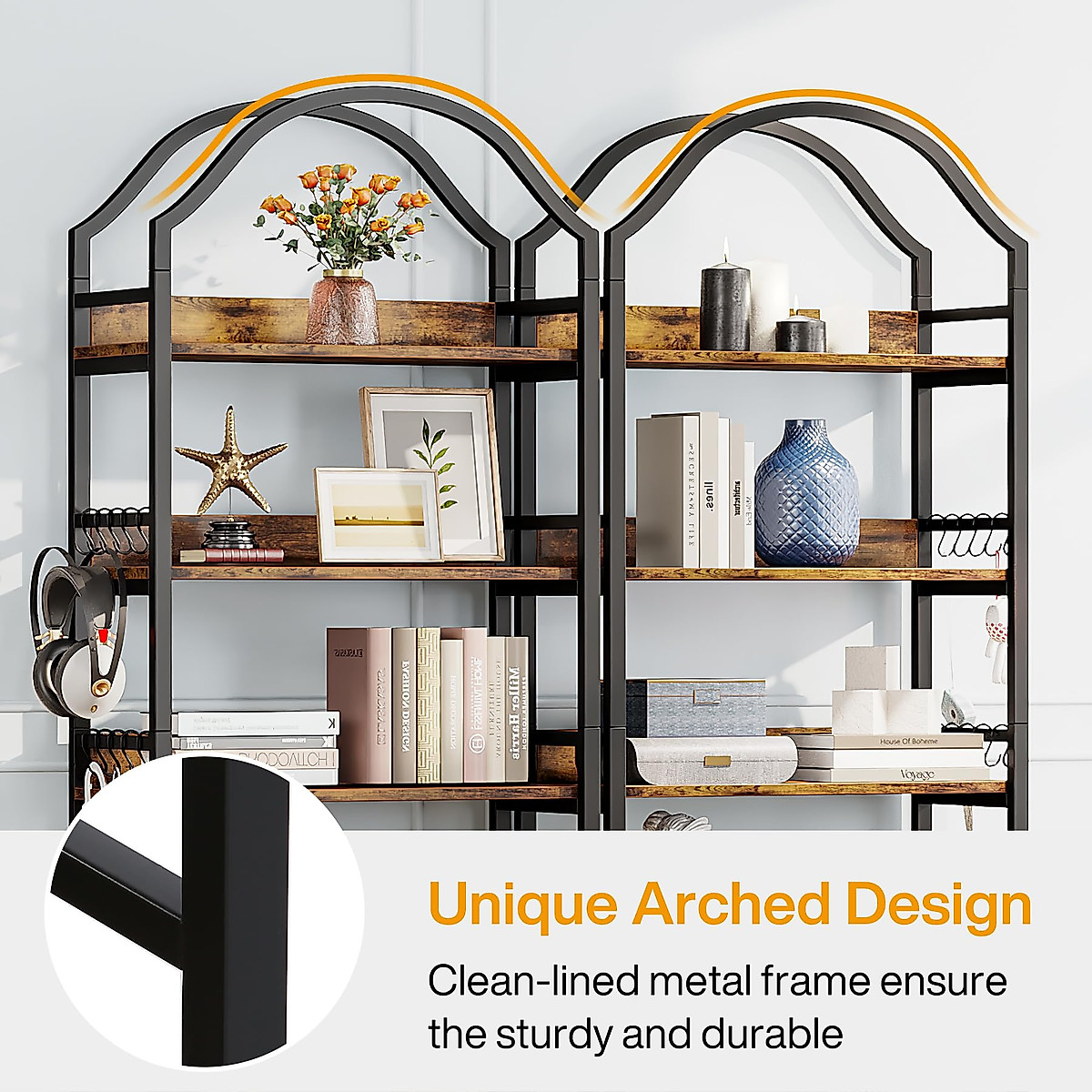 Tribesigns 5-Tier Bookshelf, 73" Tall Arched Bookcase, Industrial Wood Storage Rack Open Shelves with 4 Hooks, Modern Standing Bookshelves Metal Frame Display Rack for Home Office, Brown, 1 Pc