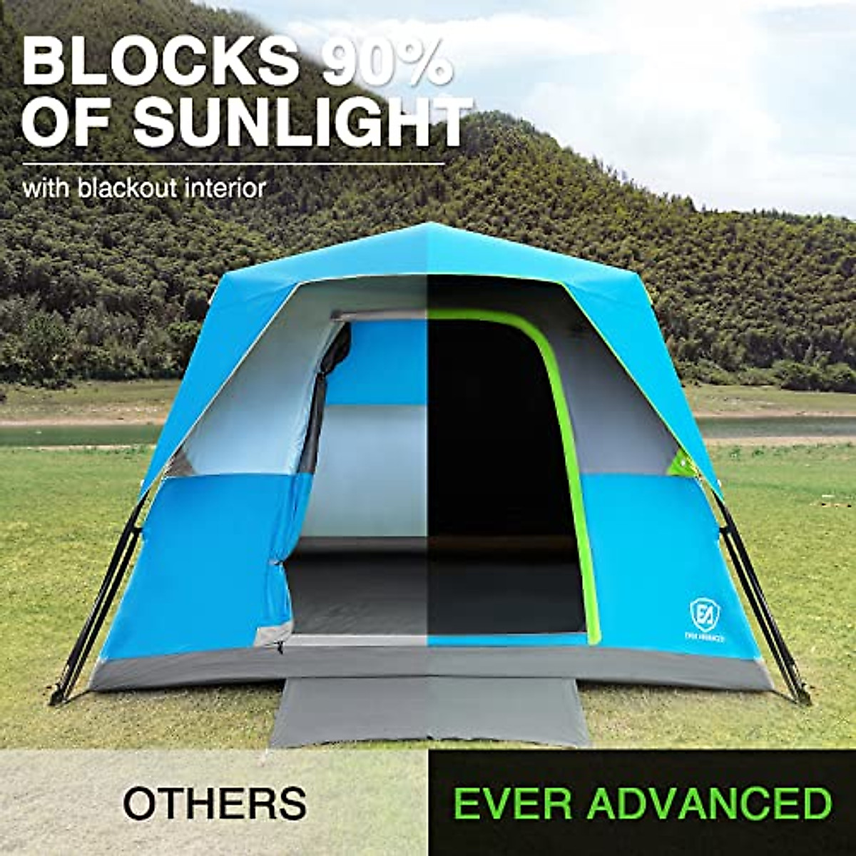 EVER ADVANCED 6 Person Blackout Camping Tent Instant Cabin Tents for Family with Rainfly, 60s Easy Setup, Water-Resistant, Blue