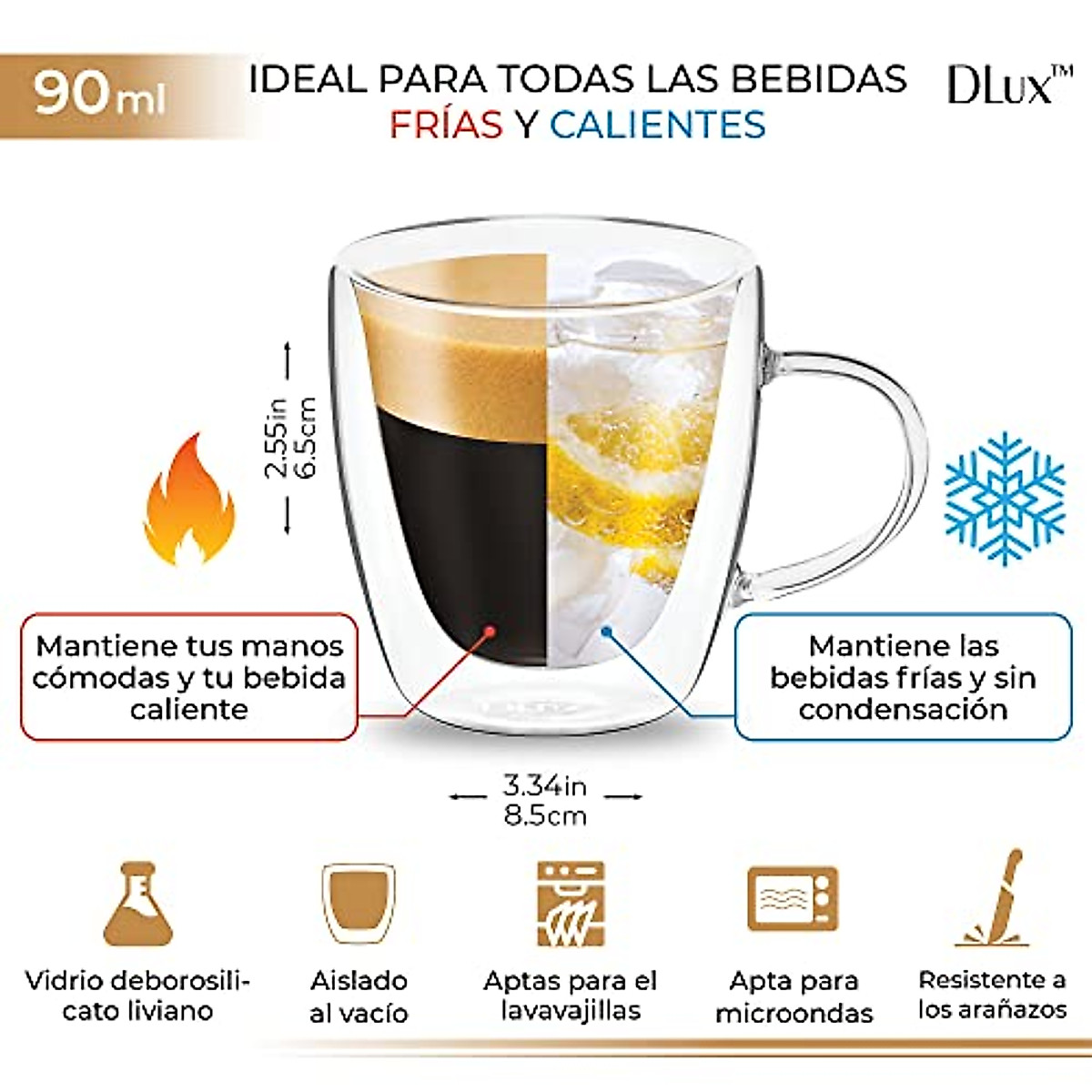 DLux Espresso Coffee Cups 3oz, Double Wall, Clear Glass Set of 2 Glasses with Handles, Insulated Borosilicate Glassware Tea Cup