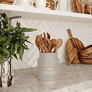 Barnyard Designs Ceramic Farmhouse Utensil Holder for Kitchen Counter, Large Rustic Utensil Crock, Countertop Cooking Tool Spatula Organizer, 6.75” (Taupe)