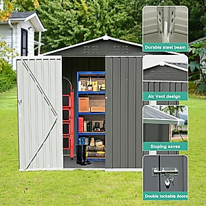 Outdoor Storage Shed 7×4.2 FT with Lockable Doors, Heavy Duty Galvanized Metal Garden Shed with Air Vent, Tool Sheds Storage House for Backyard Garden Patio Lawn-Dark Gray