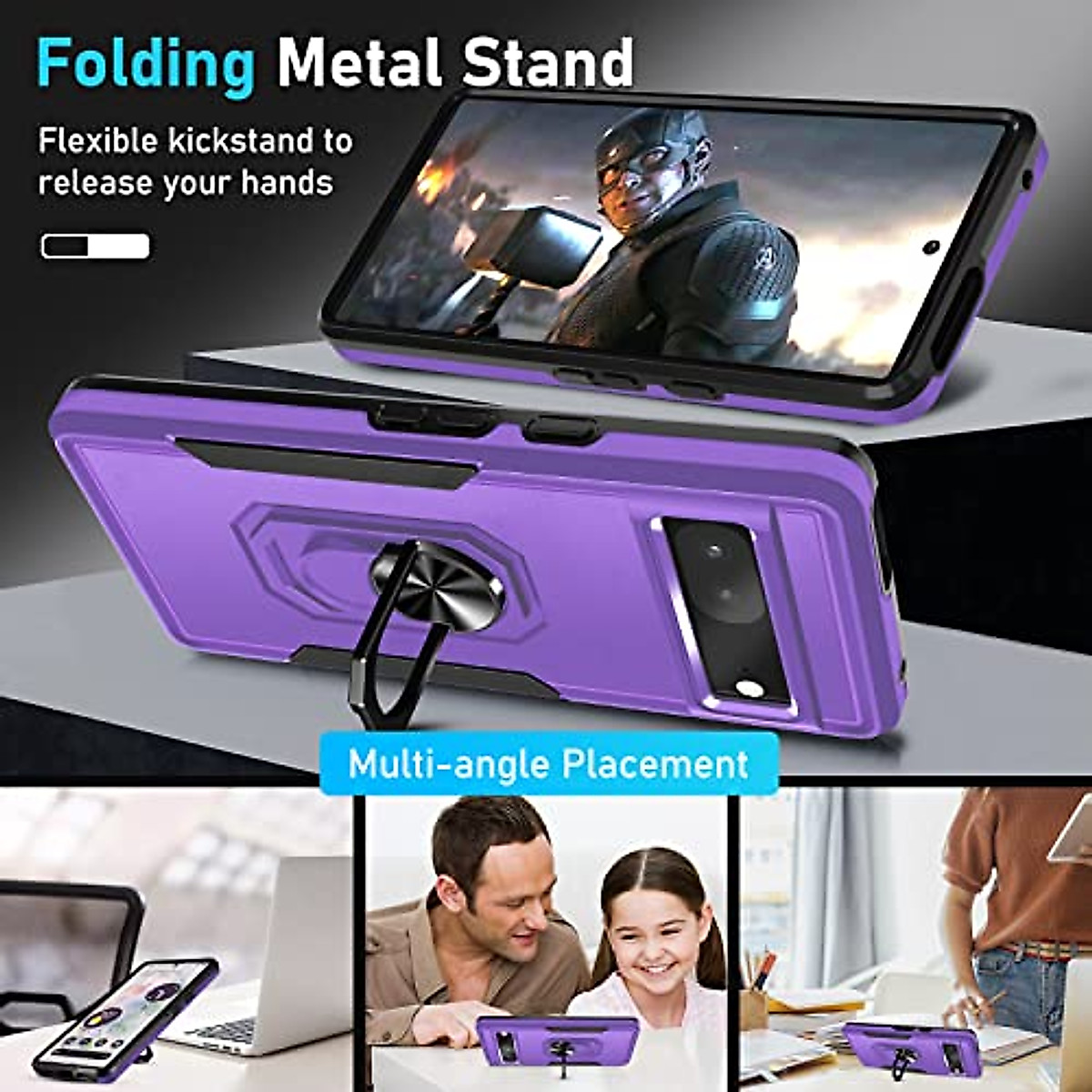 Google Pixel 7 Case with Screen Protector + Camera Lens Protector,Heavy Duty Shockproof Full Body Protective Phone Cover,Built in Rotatable Magnetic Ring Holder Kickstand,2022 Lavender