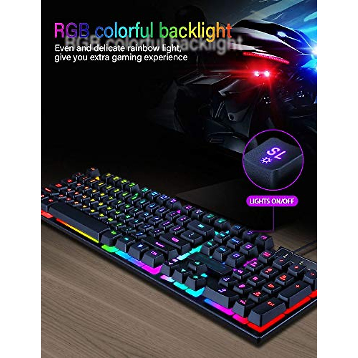 look see Backlight Keyboard with Optics Mouse Gaming Rainbow Multi-Color LED Backlit USB Interface Teclado Mechanical Feeling for PC, MAC,