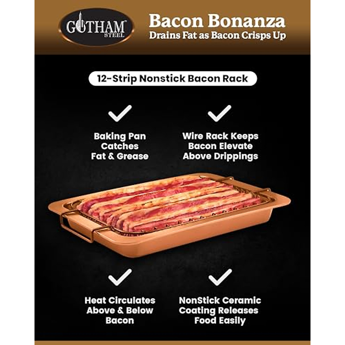 Gotham Steel Bacon Bonanza Large Baking Pan with Rack for Crispy Bacon + Crisper Tray for Bacon with Grease Catcher, Nonstick Bacon Cooker for Oven / Copper Bacon Pan, Non-Toxic Oven / Dishwasher safe