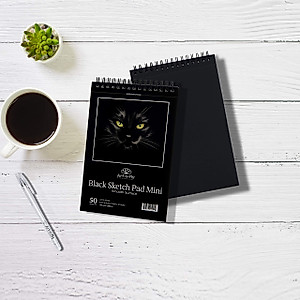 Art-N-Fly Black Sketch Pad Mini 5.5x8.5" 2 Pack - Black Paper Sketchbook for Drawings, Perforated Edge on Spiral 100 Sheets Total - Art Sketch Book for Coloured Pencils, Graphite, Pastels & Gel Pens