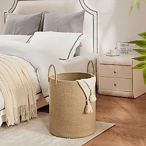 YOUDENOVA Cotton Laundry Hamper, 58L - Woven Collapsible Storage Basket - Jute Brown