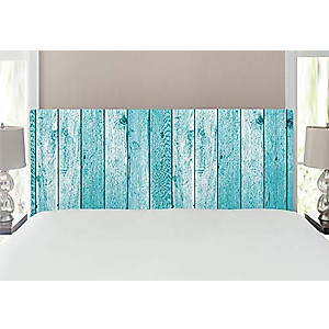 Lunarable Turquoise Headboard, Aged Wooden Planks Texture Image Vertically Striped Surface Floor Rustic Design, Upholstered Decorative Metal Bed Headboard with Memory Foam, Queen Size, Turquoise