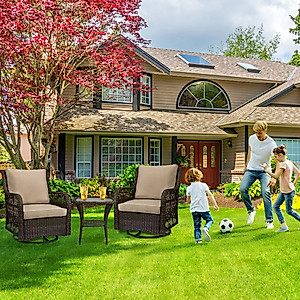 3 Pieces Outdoor Wicker Swivel Rocker Patio Set, IDEALHOUSE 360 Degree Swivel Rocking Chairs Elegant Wicker Patio Bistro Set with Premium Cushions and Armored Glass Top Side Table for Backyard (Beige)