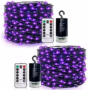 2 Set Halloween Lights Decorations, Total 400LED/131.2Ft Timer 8 Modes Remote Waterproof Battery Box Copper Fairy String Lights Halloween Decor Indoor Outdoor Garden, 200LED/65.6Ft Each (Purple)