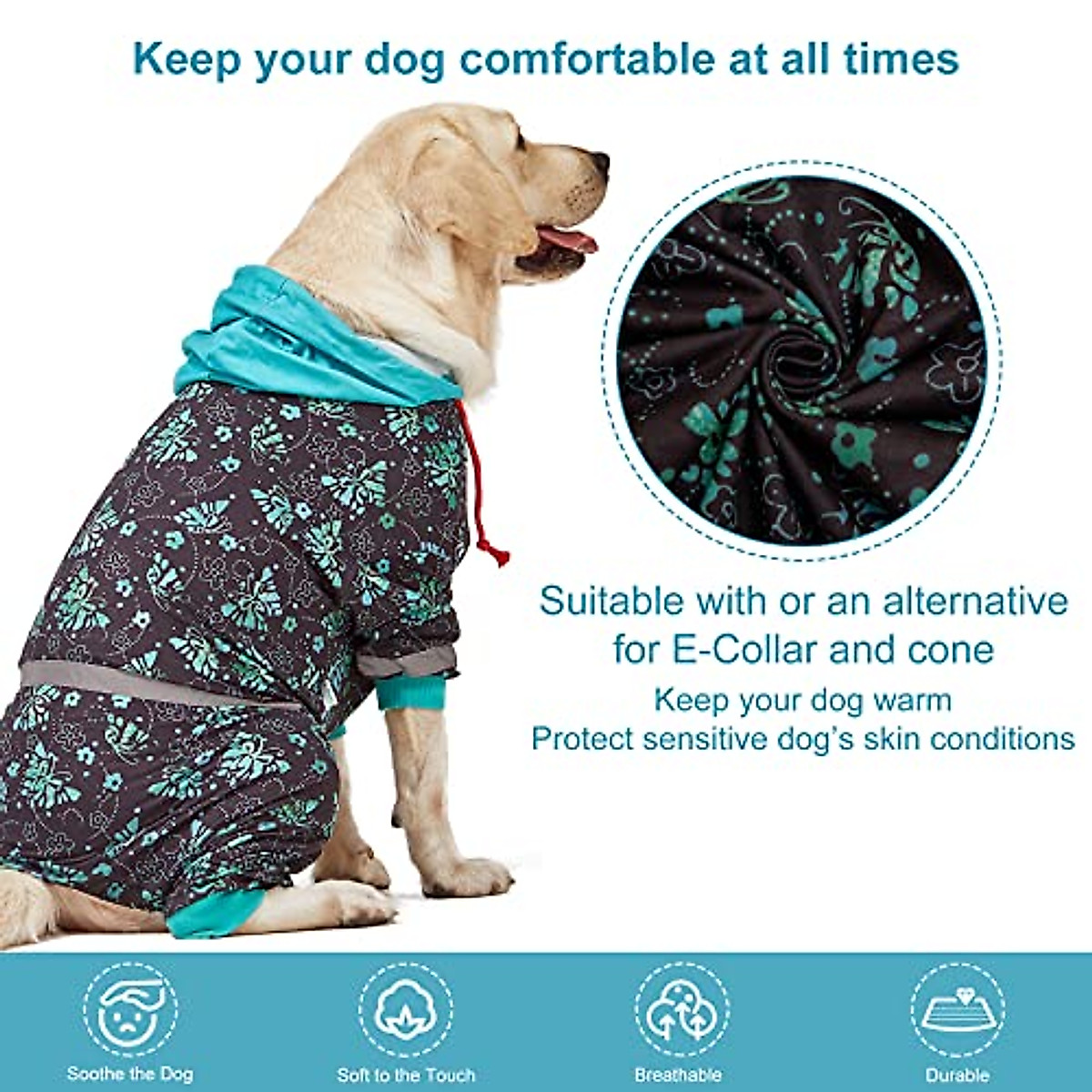 LovinPet Large Breed Dog Onesie Pajamas - UV & Wound Care, Dog Anxiety Relief, Dog Jammies, Reflective Stripe, Butterflies and Rings Black/Green Print, Post Surgery Pet PJ's /2XL