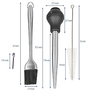 Home Servz 18/8 Stainless Steel Turkey Baster Syringe - Injector Needle With Cleaning Brush - Food Grade Silicone Bulb & Heavy Duty 12 Inch Stainless Steel Handle Silicone BBQ Basting Brush
