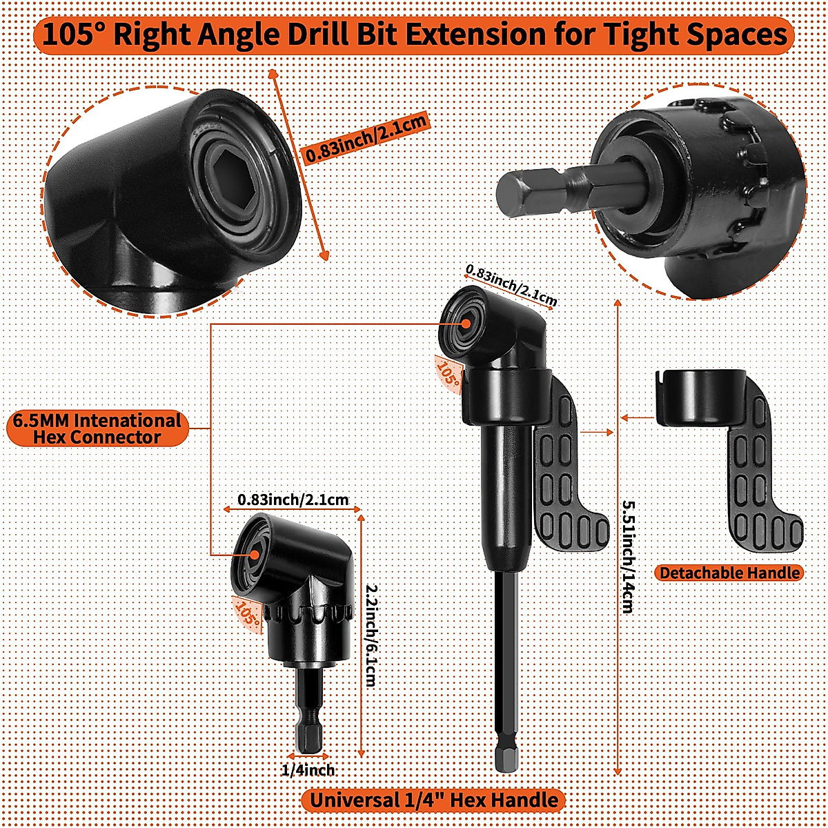 33Pcs Flexible Drill Bit Extension Set-2 Pcs 105°Right Angle Drill Bit Extension, 1/4 3/8 1/2" Universal Socket Adapter Set, Bendable Drill Bit Extension, screw bit holder and Screwdriver Bit Kit