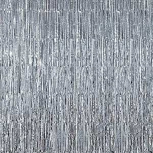 4 Pack 3.2x8.2ft Tinsel Foil Fringe Curtains, Streamers Backdrop Curtains with Adhesive, Photo Booth Background - Home Wall Window Decorations for Birthday, Wedding Party Decor, Silver