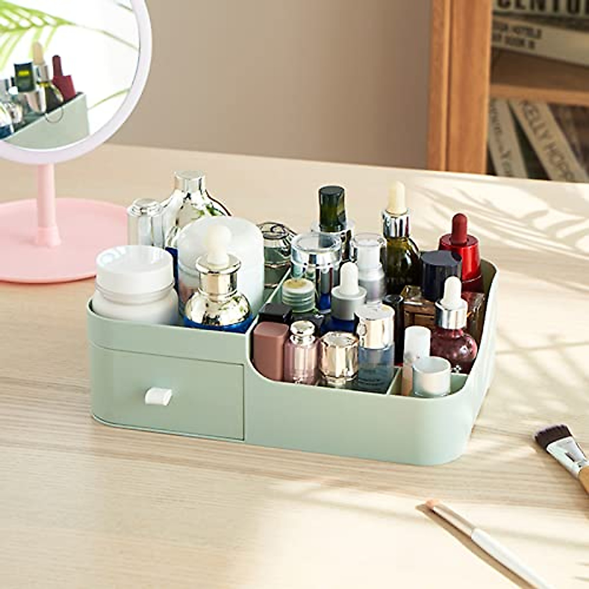 Abiudeng Makeup Desk Organizer with Drawers,Small Bathroom Organizer Countertop for Cosmetics,Skincare,Vanity Holder for Lipstick, Brushes, Lotions, Eyeshadow, Nail Polish and Jewelry(green)