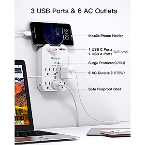 Outlet Extender - Wall Surge Protector with 6 Outlets 3 USB (1 USB C, 2 USB A), Multi Plug Outlet Splitter, Wall Mount Adapter with Top Phone Holder for Home, School, Office (490 Joules)