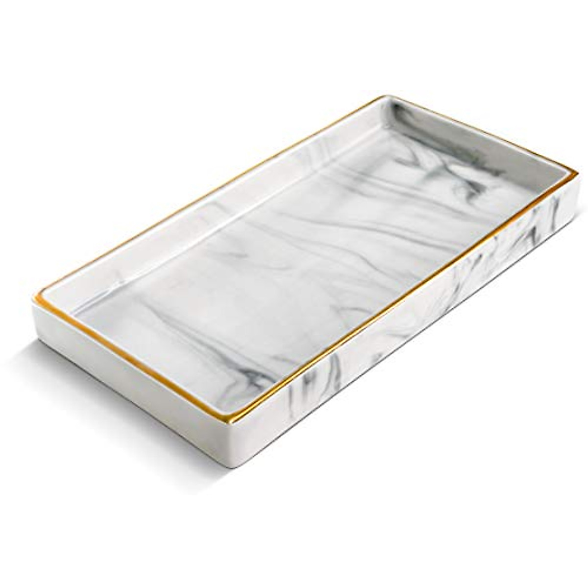 Ceramic Vanity Tray, Candle Tray with White Marble Finish | Jewelry Tray, Jewelry Dish | Marble Tray Decor, Perfume Tray for Dresser | Decorative Tray, Bathroom Tray, 9x4.5x1 inches