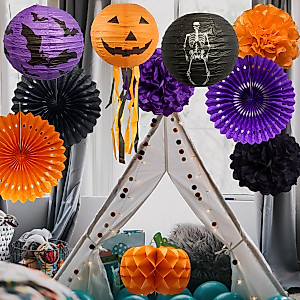 12pcs Black Orange Pumpkin Purple Spider Halloween Decorations Kit Tissue Pom Poms Paper Lanterns Circle Fans Banner and Pumpkin Honeycomb Balls for Graduation Party Classroom Tables Decor Indoor