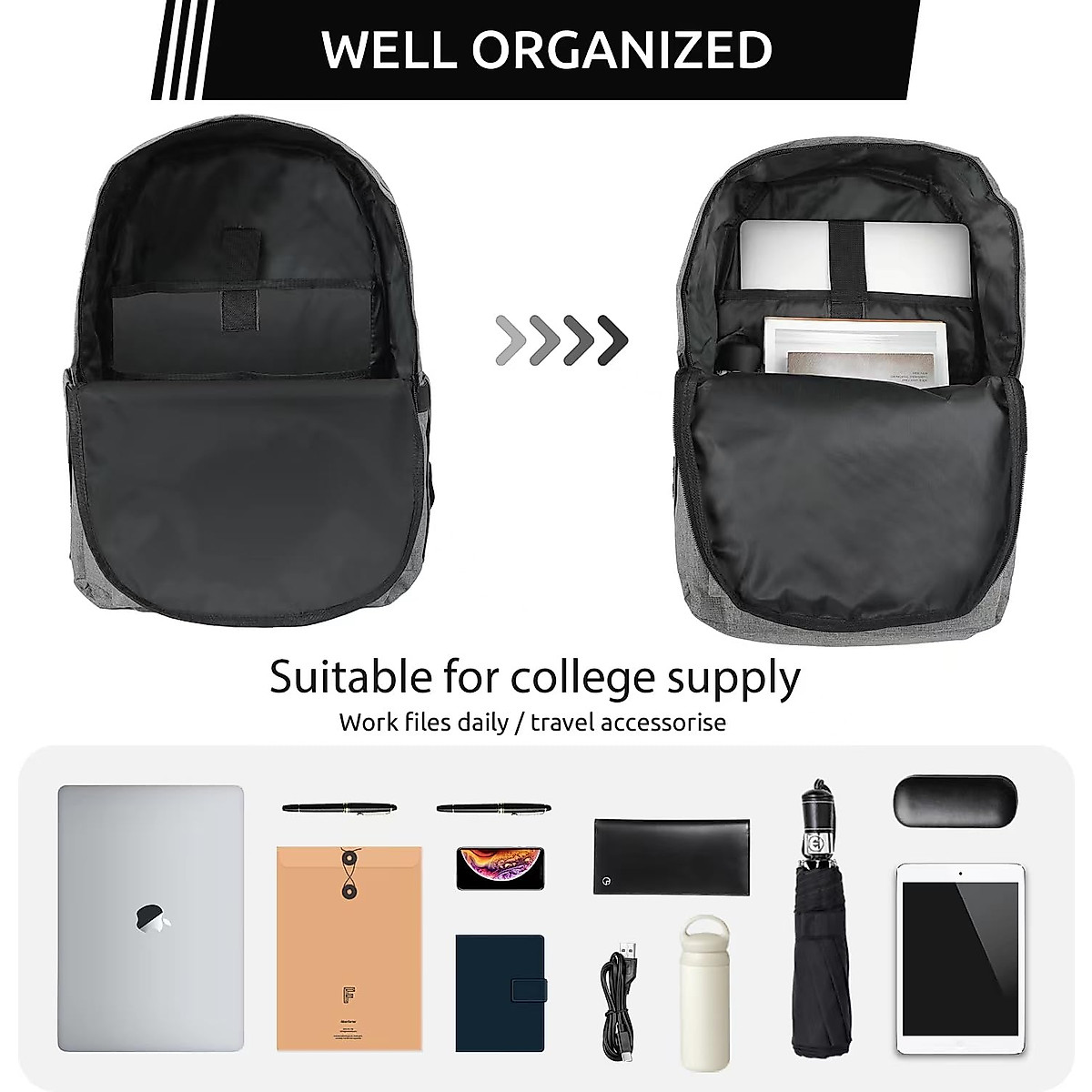 Wonarby Laptop College Backpack for Women Men - Bookbag with Computer Compartment - Lightweight Book Bag - Large Back Pack for Travel, Work - Grey