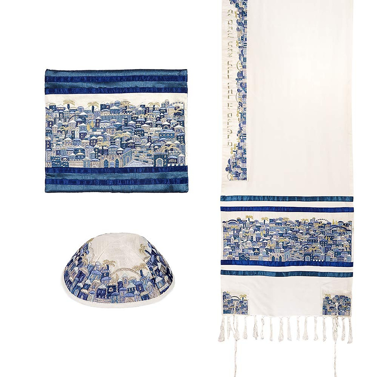Yair Emanuel Premium Tallit Silk Embroidered Jerusalem Vista | Blue and White Tallis Prayer Shawl