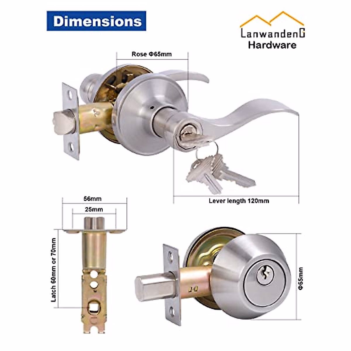Keyed Alike Front Door Lever Lockset with Single Cylinder Deadbolt Combination Set, Exterior Door Knob with Lock and Deadbolt, Satin Nickel Finished, 2Sets