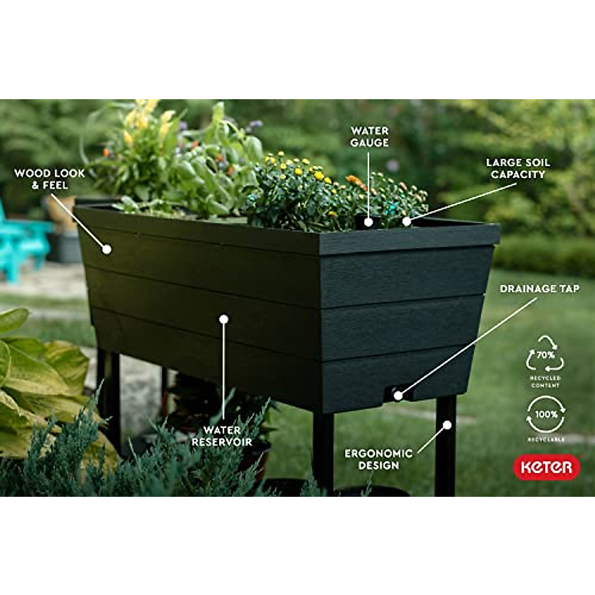 Keter Urban Bloomer 12.7 Gallon Raised Garden Bed with Self Watering Planter Box and Drainage Plug, Dark Grey