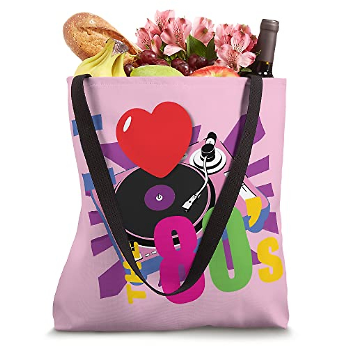 I Love 80's Retro Pink Record Player Fun Vinyl Theme Pink Tote Bag