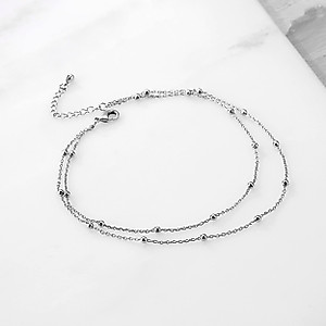 Pencros Dainty Layered Anklet,14K Gold Filled Cute Beads Satellite Chain Heart Boho Adjustable Anklets for Women Teen Girls (bead-silver)