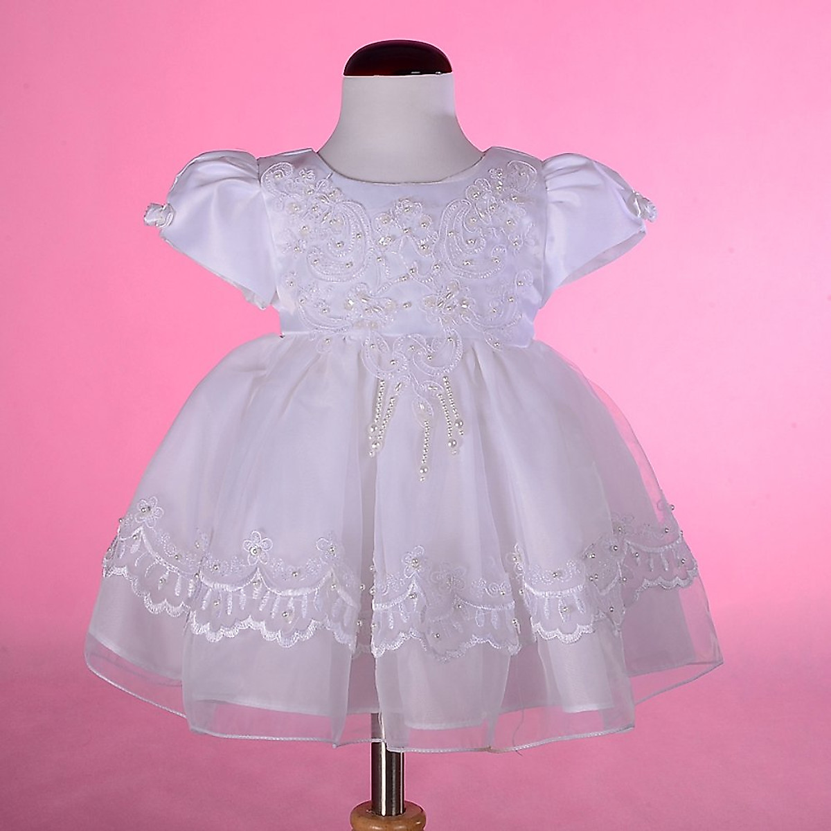 Dressy Daisy Baby Girls' Beaded Scalloped Embroideries Baptism Christening Gown Dress With Cape And Bonnet Infant Size 0-3 Months White