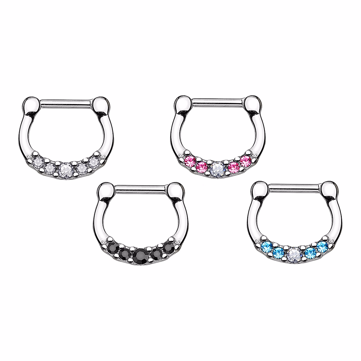 Lobal Domination 1 Piece 100% Surgical Steel Five Crystal Gem Septum Clicker Nose Ring - 14g or 16g (Black Gem - 16g)