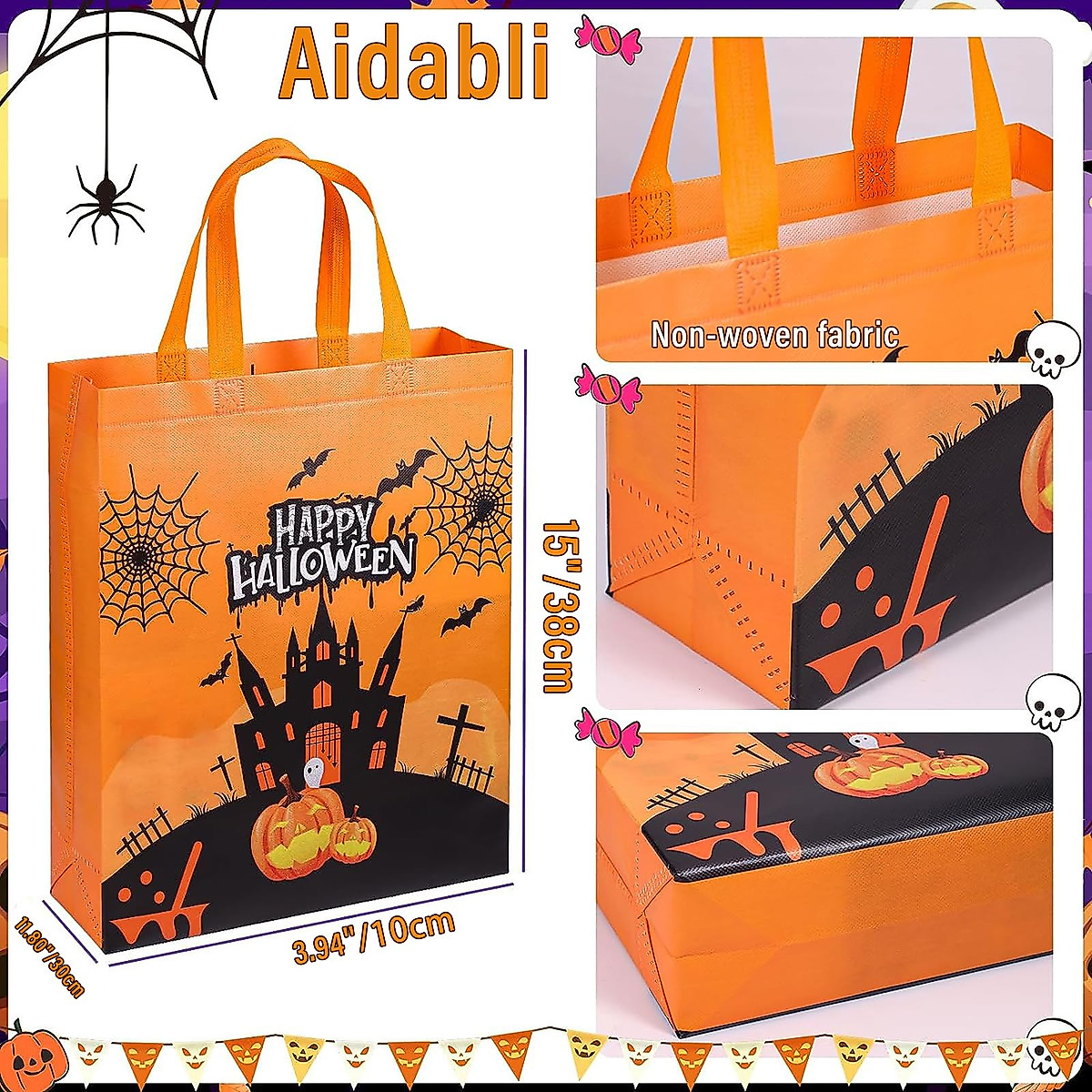 Halloween Trick or Treat Bags, Large Halloween Tote Bags with Handles Halloween Candy Bag Reusable Non-Woven Halloween Bag for Gifts Wrapping, Trick or Treat, Halloween Party Supplies 15"×11.8"×3.9"
