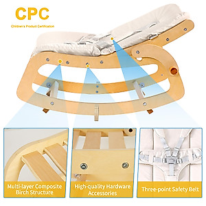 MallBest 3-in-1 Baby Bouncer Adjustable Wooden Rocker Chair Recliner with Removable Cushion and Seat Belt for Infant to Toddler (Beige)