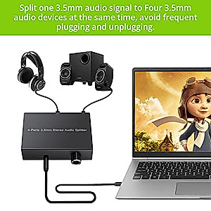 LiNKFOR 4 Port 3.5mm Stereo Audio Splitter, 3.5mm Audio Splitter Switcher Supports 4 Outputs Simultaneously with Volume Control for Passive Speaker, Headphone, PC, MP3, Laptop