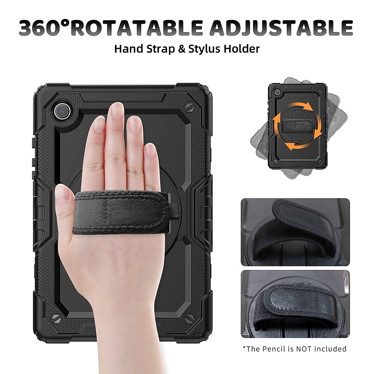 BLOSOMEET Case for Samsung Galaxy Tab A8 10.5 Inch 2022 SM-X200/X205/X207 with [Tempered Glass Screen Protector],Case for Galaxy Tab A8 w/S Pen Holder Stand Hand Strap &Shoulder Strap,Black