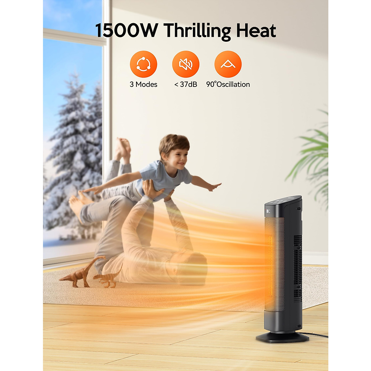 VAGKRI 24" Space Heater, 1500W PTC Ceramic Heater with Adjustable Thermostat, 3 Modes, 90° Oscillating, Timer, Remote Control, Electric Heaters for Indoor Use Large Room, Home, Office